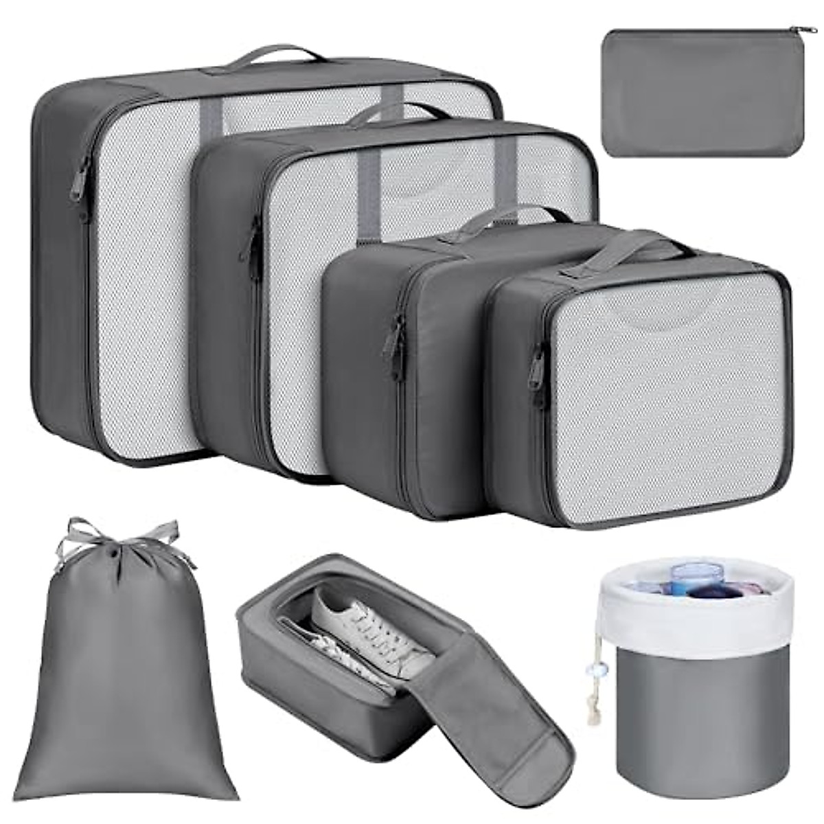 DIMJ Packing Cubes for Suitcase, Mesh Design Suitcase Packing Cubes Set Durable Travel Luggage Organizer, Lightweight Luggage Bags Organizers with Makeup Bag, Shoes Bag.（Grey）