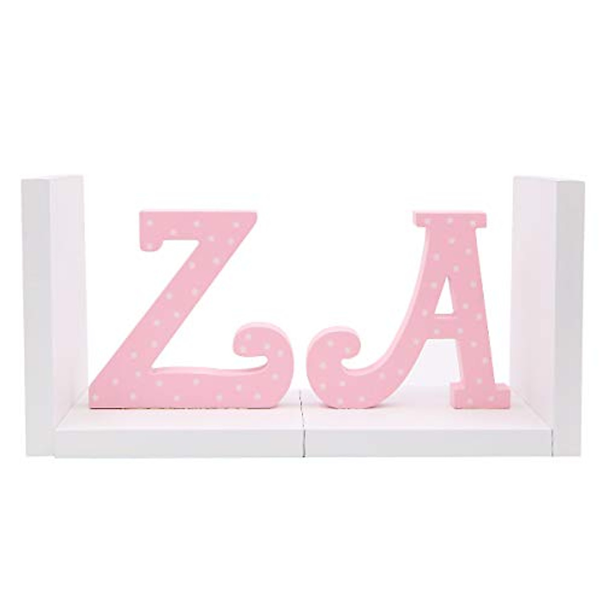 Apol Creative Pink and White Dots A-Z Letter Wood Bookends Book Ends Book Organizers Bookshelf for Kids Study Gift School Office Library Home Desk Decoration