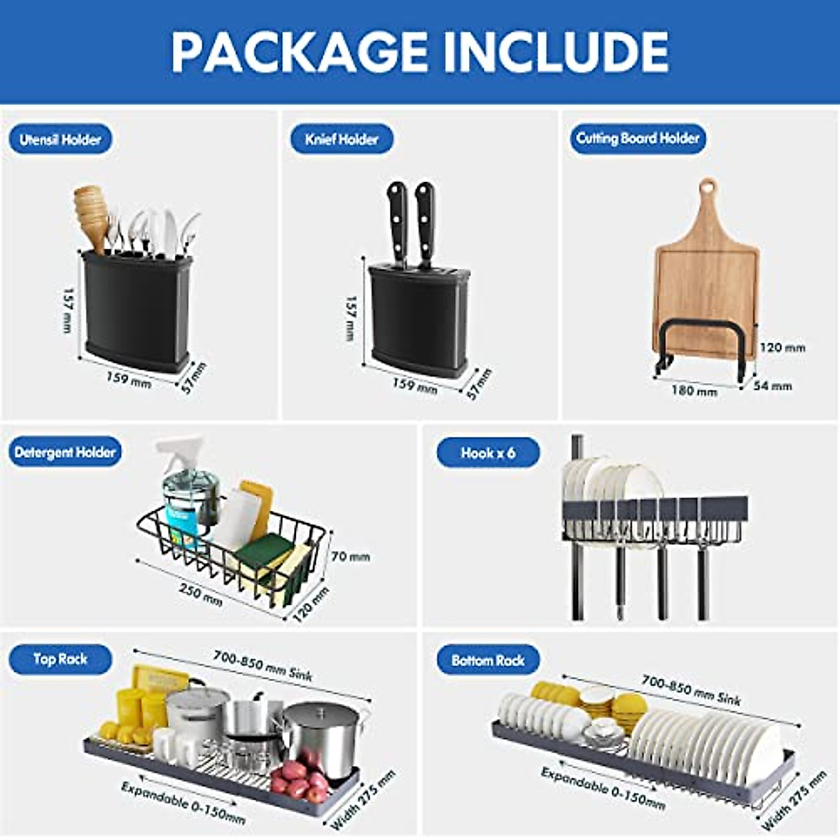 BOOSINY Over The Sink Dish Drying Rack, 2 Tier Stainless Steel Large Adjustable Kitchen Dish Drainer, Home Storage Organizer Shelf Above Counter with 6 Hooks