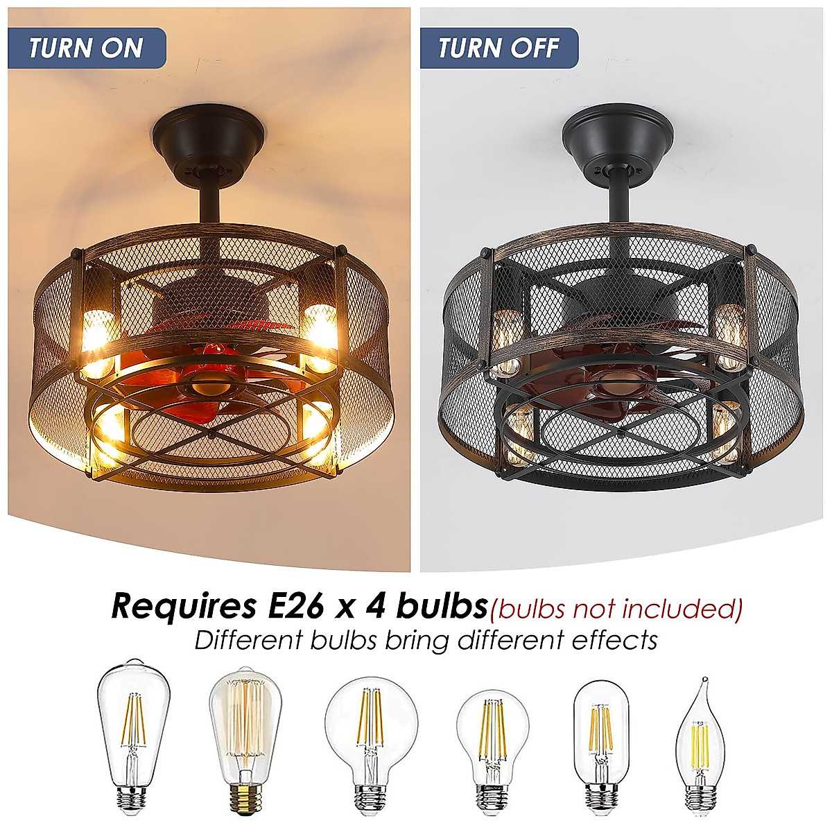 Dannilong Caged Ceiling Fans with Lights and Remote, Farmhouse Ceiling Fan with Light Bladeless, Small Ceiling Fan for Kitchen Bedroom Outdoor, 18 Inch Black Fandelier, Reversible Quiet Motor