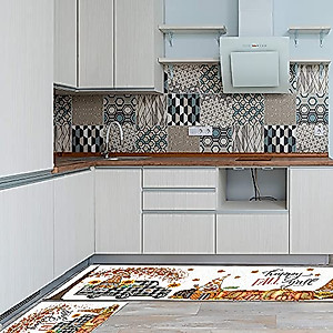 delaimastor Fall Gnome Pumpkin Decorative Kitchen Mats Set of 2, Fall Halloween Thanksgiving Rustic Yard Low-Profile Floor Mat for Kitchen, Gnome Plaid Maple Leaves Seasonal Decorative Floor Mat