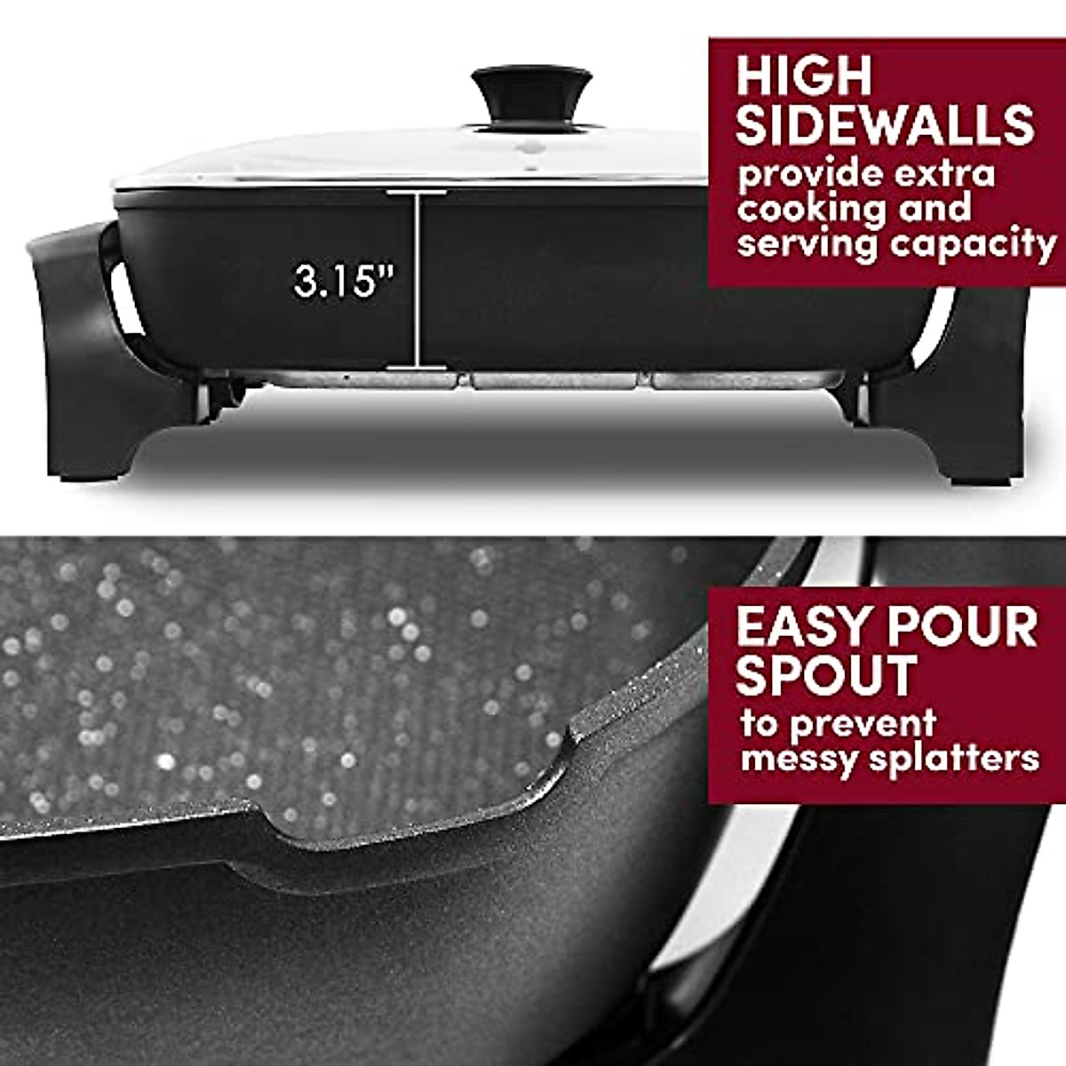 Elite Gourmet EG6203 Extra Deep 16"x13"x3.2" (10.5Qt.), Pour Spout, Dishwasher Safe, Marbled Non-stick Electric Skillet with Vented Glass Lid, Adjustable Temperature, Black