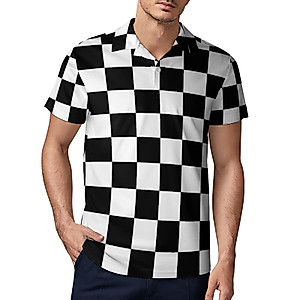 Ykklima Black White Race Checkered Flag Pattern Mens Polo Shirts Short Sleeve Moisture Wicking Fashion Shirt for Men