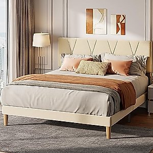 Gizoon Queen Bed Frame with Adjustable Velvet Headboard, Upholstered Platform Bed Frame with Sturdy Metal Frame, Wooden Slats, Noise-Free, No Box Spring Needed (Beige, Queen)