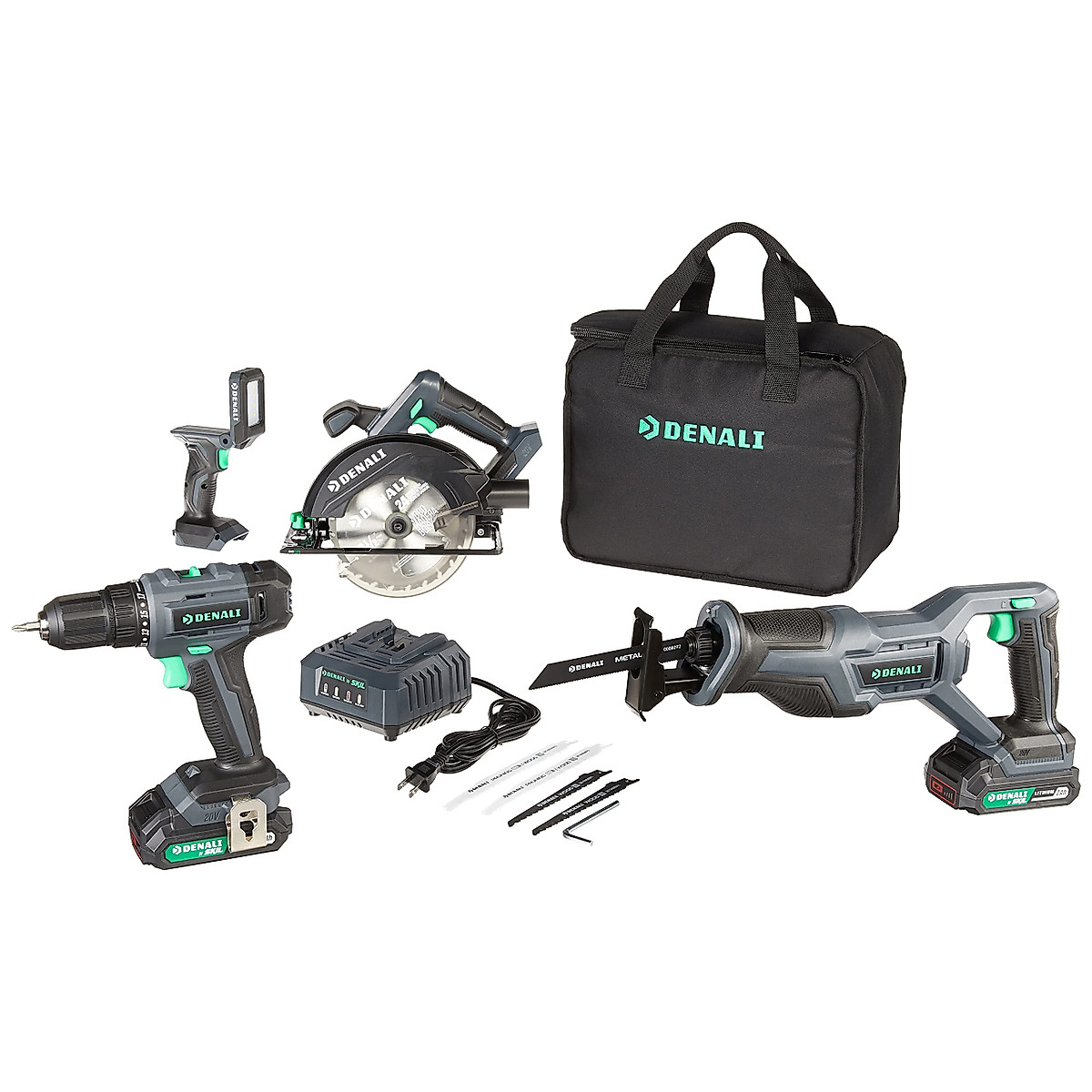 Amazon Brand - Denali by SKIL 20V Cordless Drill, Reciprocating & Circular Saw, Work Light With (2) 2.0Ah Lithium Batteries, 2.4A Charger & Carry Bag