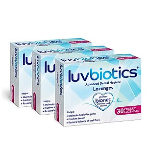 Luv Biotics Cherry Lozenges with Probiotics & Xylitol Promotes Good Oral Microbiome for Healthy Gums, Fresh Breath & Cavity Protection. No Artificial Colours/preservatives. 3 Pack of 30's