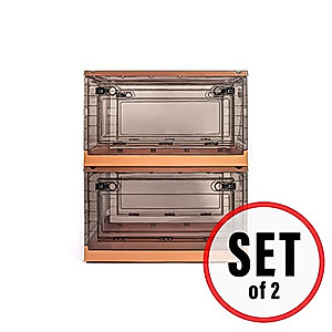 Best Home Fashion 2 packs LARGE Storage Bins Side Opening, Stackable Lid Collapsible, Foldable, Easy Tidy Up with Storage Box, Ideal for Home & Office Organization Storage Cube (Large, Orange)