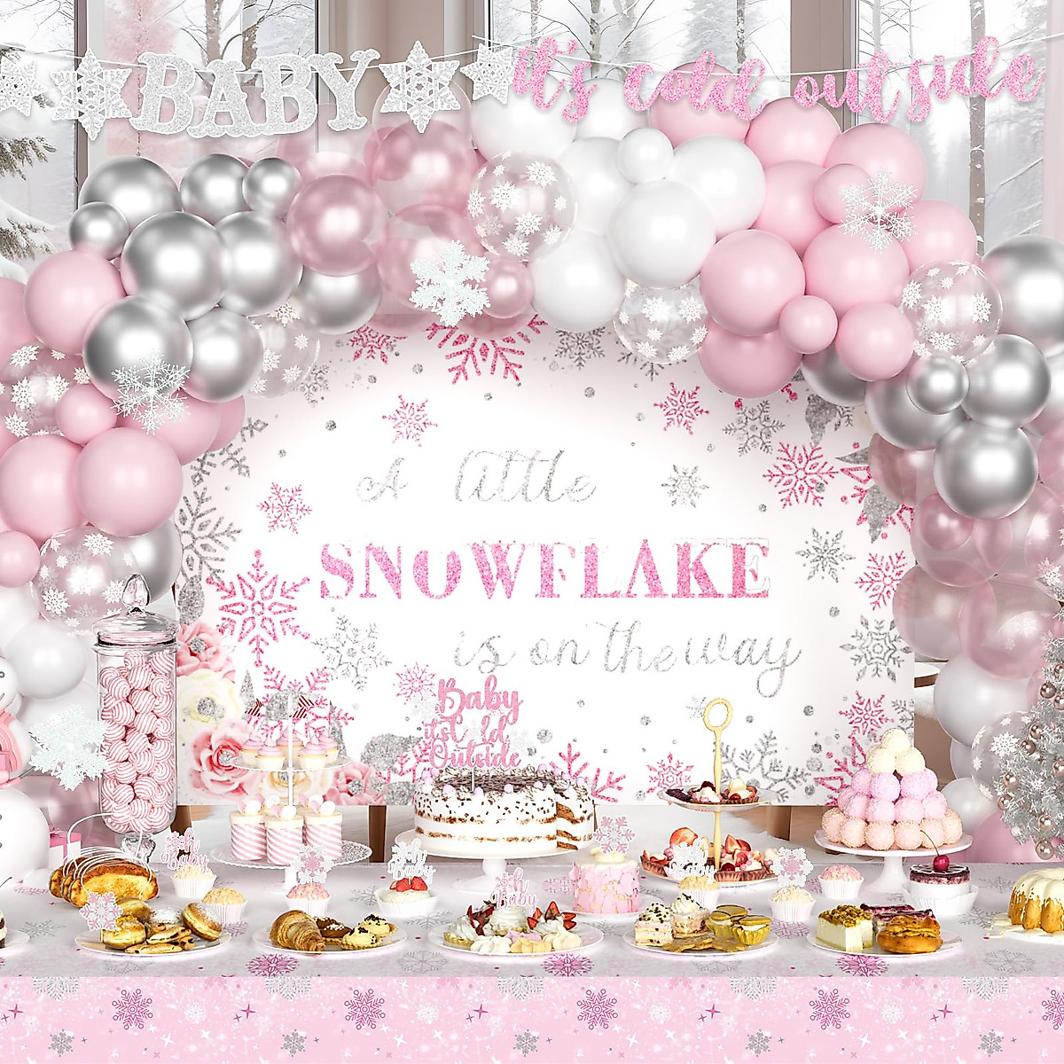 Fiesec Baby It’s Cold Outside Baby Shower Decorations Girl, Winter Wonderland Baby Shower Backdrop Balloon Garland Arch Glitter Banner Cake Topper Sash Snowflake Cutout Pink Silver 114 PCs