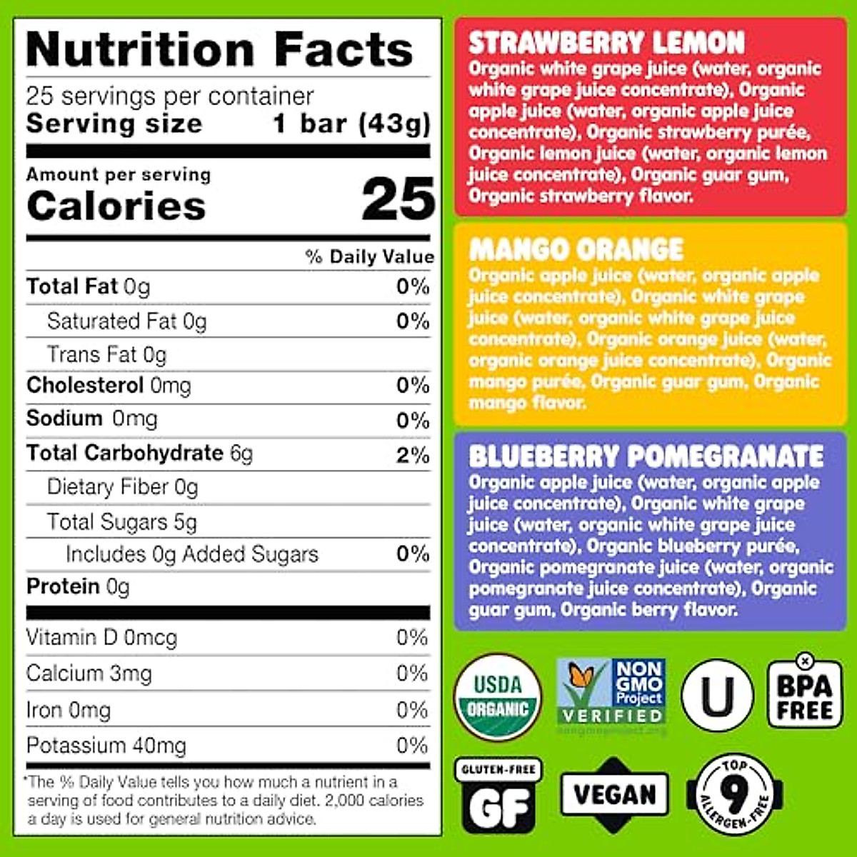 DeeBee's Organics SuperFruit Freezie Pops Variety Pack, No Added Sugars, No Artificial Flavors or Colors (Pack of 50)