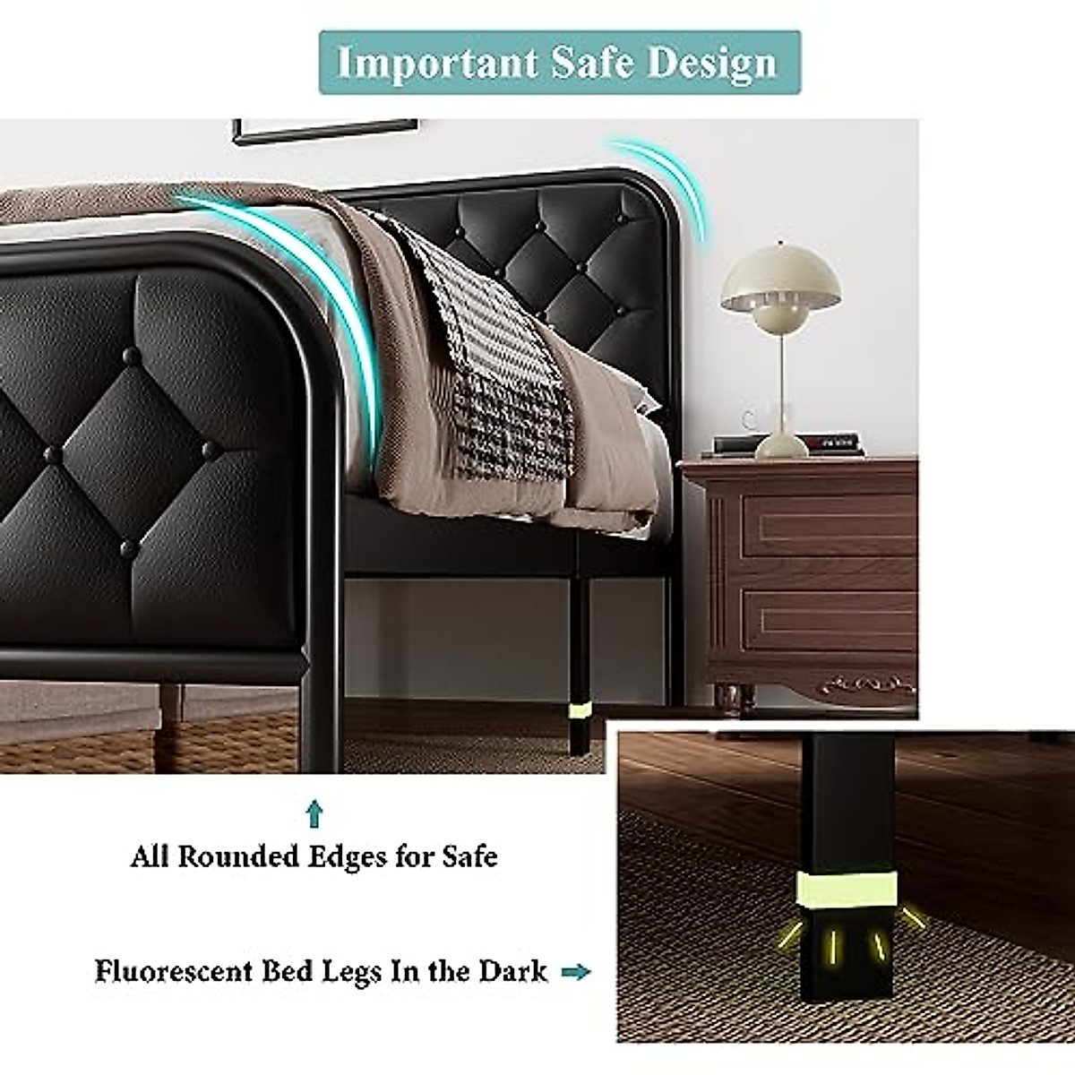 iPormis Upholstered Full Platform Bed Frame, Heavy Duty Mattress Foundation, 12" Under Bed Space, Metal Slats Support, Button Faux Leather Headboard, Easy Assembly, Noise Free, Black