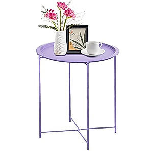 Folding Tray Metal Side Table Purple Green Round End Table Cyan Sofa Small Accent Fold-able Table, Round End Table Tray, Next to Sofa Table, Snack Table for Living Room and Bed Room