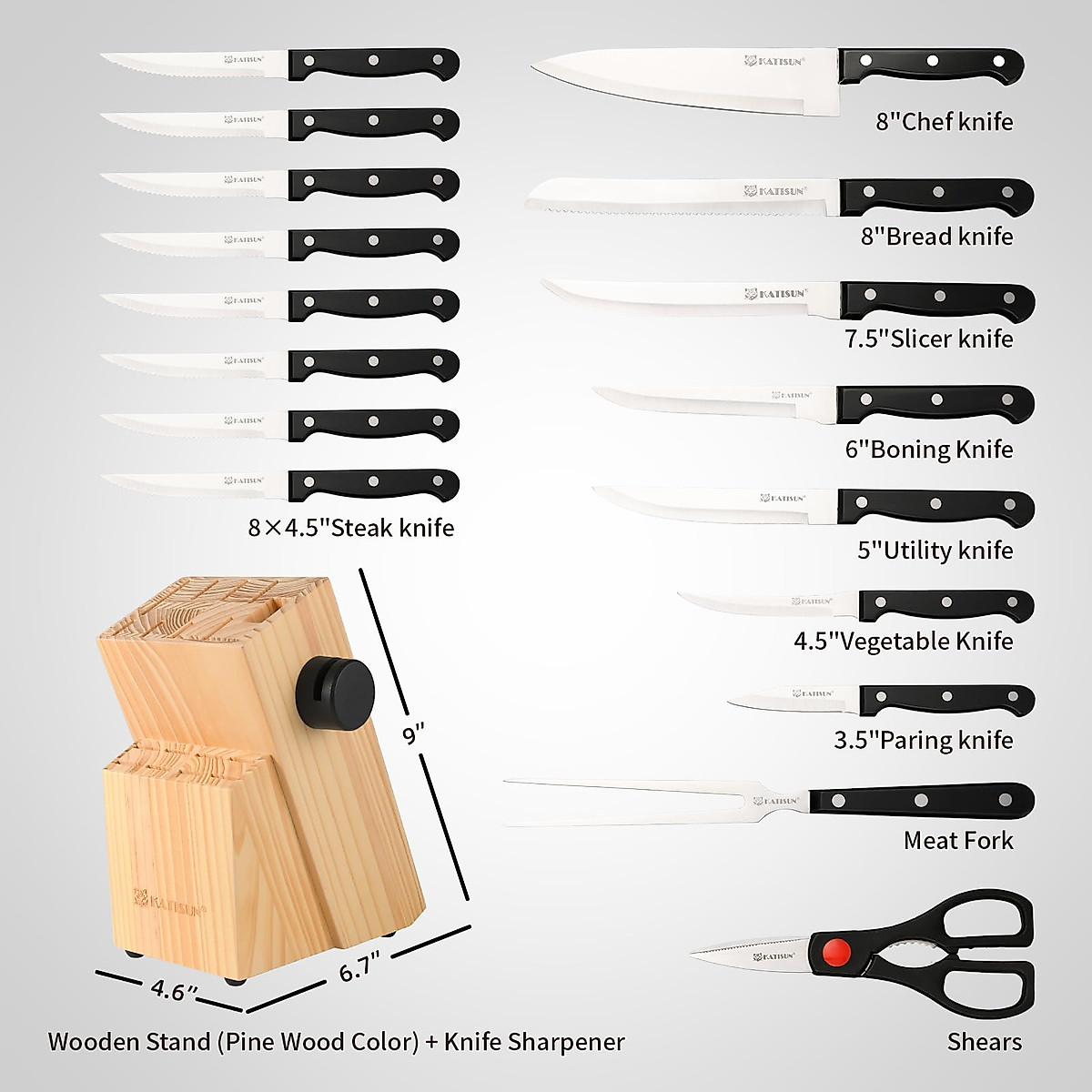 19-Piece Knife Set, German Steel, Durable and Dishwasher Safe, Knife Sets for Kitchen with Block Sets with Built-in Sharpener for Chopping, Slicing, Dicing&Cutting