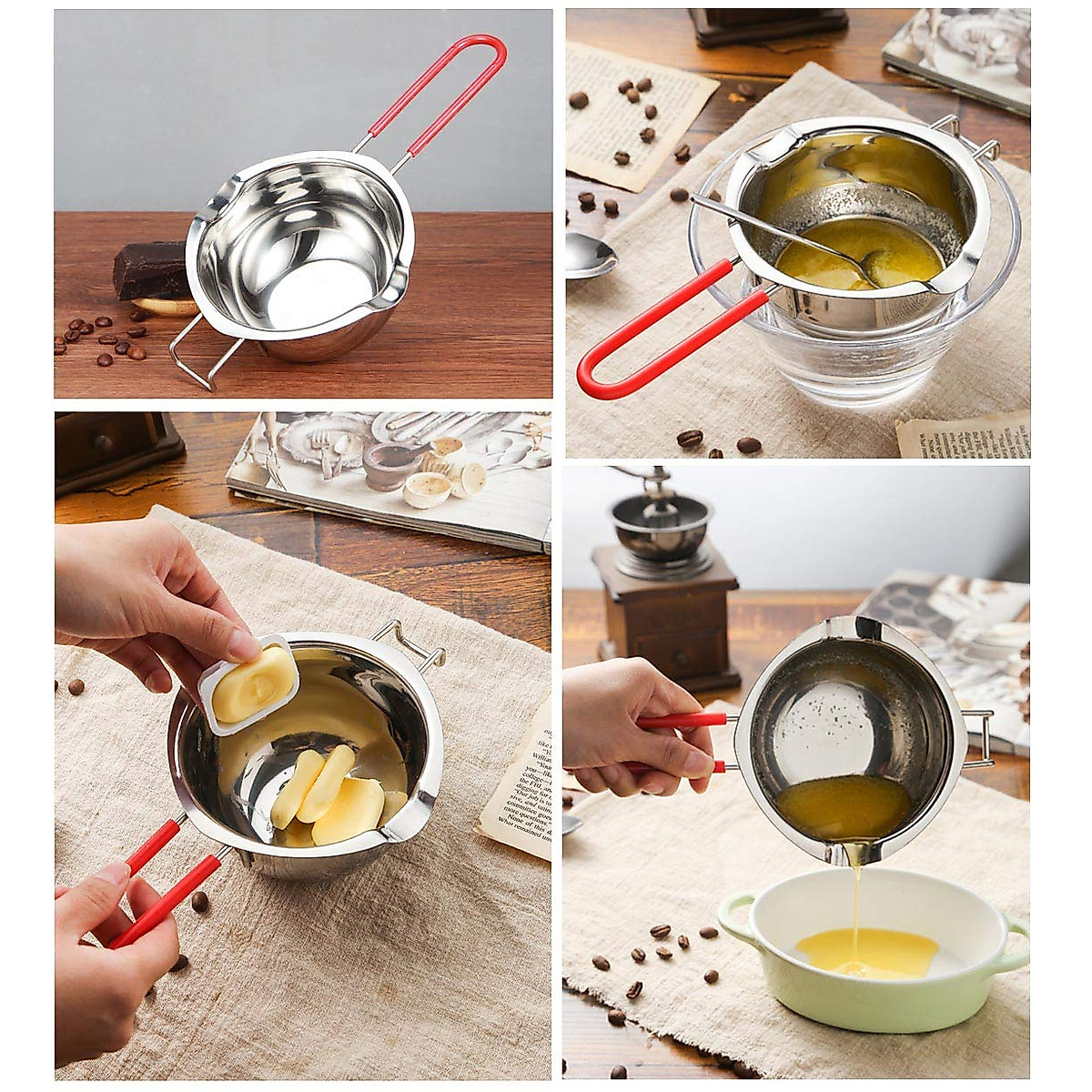 Stainless Steel Double Boiler Pot, 600ML Updated Melting Pot with Silicone Spatula for Melting Butter,Chocolate, Candy, Cheese and Caramel (Red)