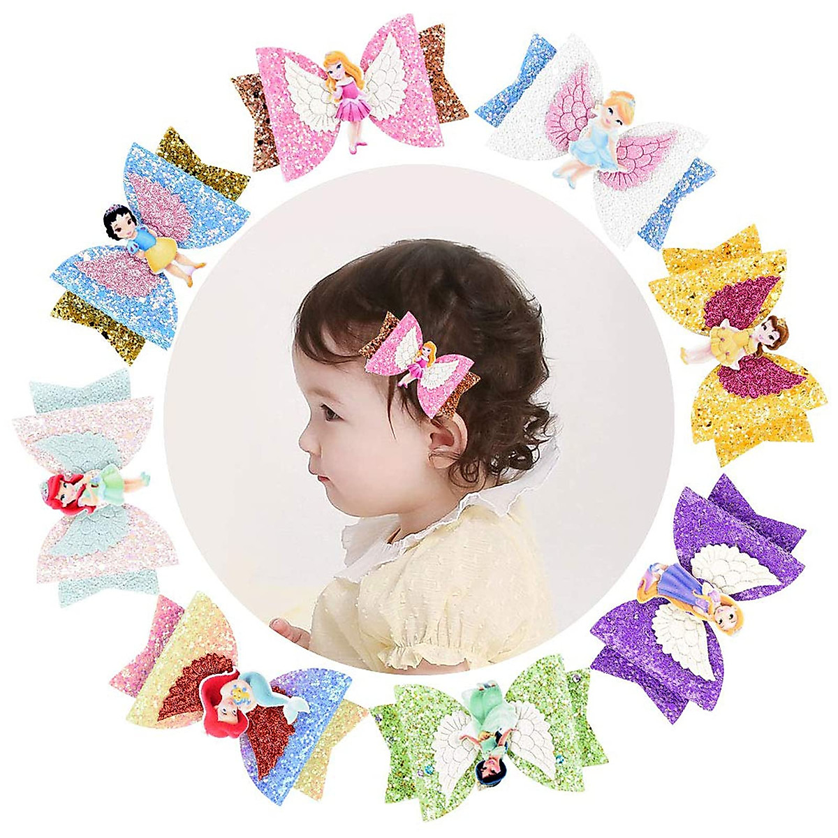 Colorful Princess Hair Clip Glitter Hair Bows with Clip Girls Hair Accessories (8pcs Princess)