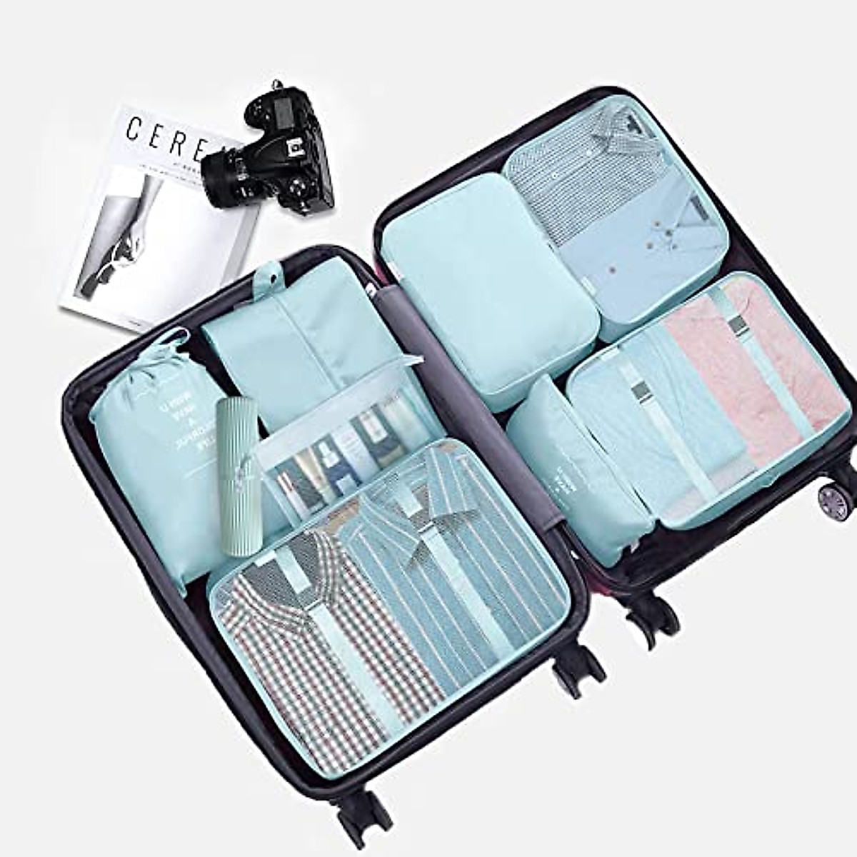 Packing Cubes - 9 PCS Travel Luggage Organizers Set Waterproof Suitcase Organizer Bags Travel Essentials Clothes Shoes Cosmetics Toiletries Storage Bags (Blue)