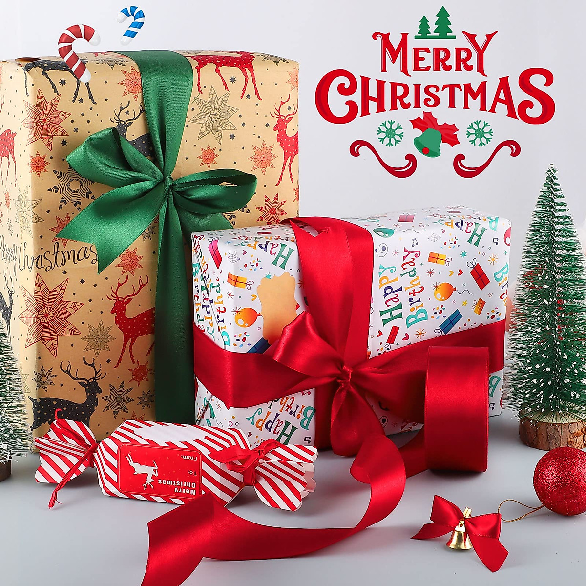 2 Rolls Christmas Ribbon 1.6 Inch X 50 Yards Red and Forest Green Ribbon Double Face Polyester Satin Ribbon Wide Holiday Ribbon for Wedding Gift Wrapping Crafts