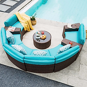 OC Orange-Casual 11 Pieces Sectional Outdoor Furniture, Half-Moon Curved Outdoor Sofa, All-Weather Brown Wicker with Round Coffee Table and Turquoise Cushions (Pillows & Waterproof Cover Included)