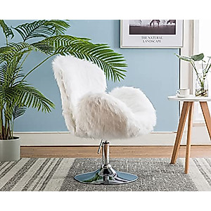 Kmax Faux Fur Accent Chair, Height Adjustable Plush Vanity Stool for Bedroom, Shaggy Dog Shell Chair for Dorm/Living Room, White