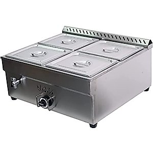 INTBUYING LP Gas Food Soup Warmer Propane Gas Stove Bain-Marie Commercial Canteen Buffet Steam Heater Stainless Steel with Gas Regulator Valve 12''x8.7''x4''Pan-4 Pans（Square）
