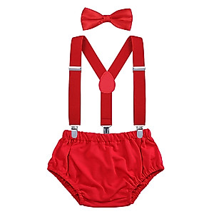 AWAYTR Baby Boys Cake Smash Outfit - First Birthday Party Suspenders Bow Tie Bloomers Set (Red)
