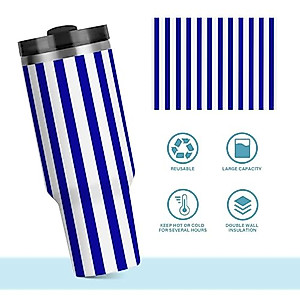 Flradish 40oz Tumbler with Handle, Navy Blue White Stripes Stainless Steel Tumbler with Lid and Straws Double Wall Vacuum Insulated Leakproof Coffee Travel Mug