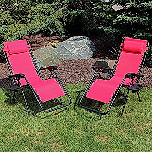 Sunnydaze Outdoor Zero Gravity Lounge Chairs with Pillow and Cup Holder Folding Patio Lawn Recliner Set of 2 Red
