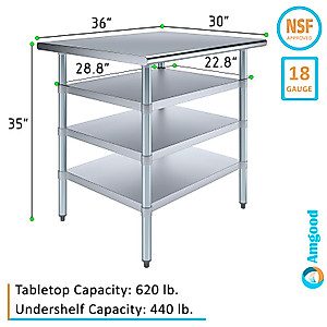 AmGood Stainless Steel Work Table with 3 Shelves | Metal Utility Table | Commercial & Residential NSF Utility Table (36" Long x 30" Deep)