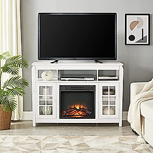 GOOD & GRACIOUS Modern Electric Fireplace TV Stand for 55 Inch TV Media Entertainment Center with 1500W Fireplace and Tempered Glass Door Tall TV Console Table for Living Room,46 Inch,Painting White