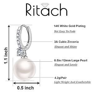 RITACH Pearl Earrings for Women 925 Sterling Silver White Gold Dangle Drop Earrings 5A Cubic Zirconia Pearl Drop Earrings Large Size 12mm (B-Pearl Drop)