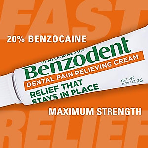 Benzodent Dental Pain Relieving Cream for Dentures and Braces, Topical Anesthetic, 0.25 Ounce Tube