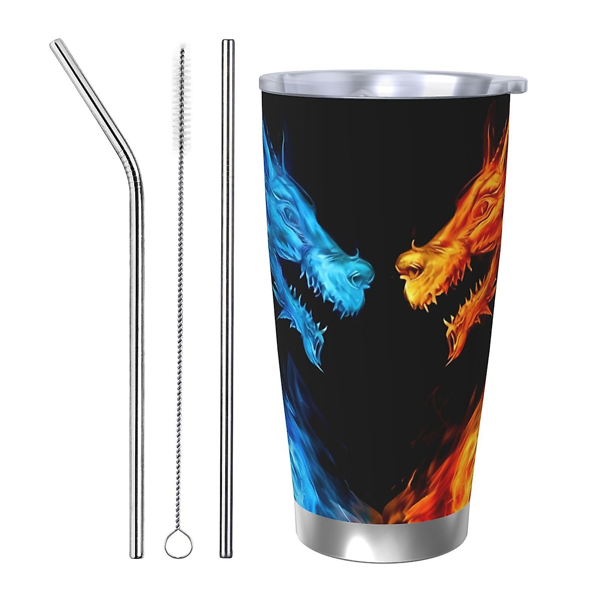 Groamaup 20oz Dragon Stainless Steel Insulated Tumbler with Lid and 3pcs Straw Sets, Water and Fire Car Cup for Cold and Hot Drinks, Coffee Mug for Travel Office and Home Use