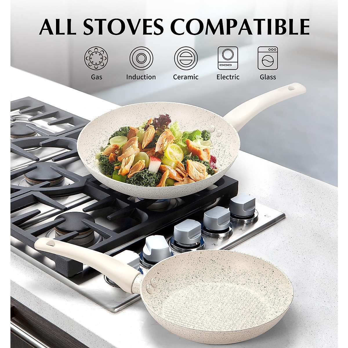 KOCH SYSTEME CS Nonstick Frying Pan 8 Inch White, Omelette Pan with Stay-cool Bakelite Handle, Toxin-Free Marble Coating Aluminum Pan for Healthy Cooking, All Stoves Compatible, Easy to Clean