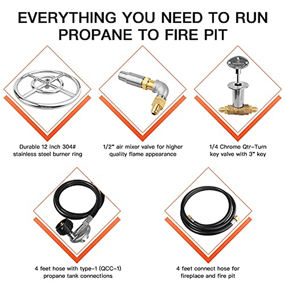 EXCELFU LP Propane Gas Fire Pit Stainless Steel Burner Ring Installation Kit, 12 inch