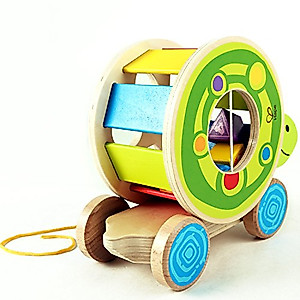 Hape Turtle Shape Sorter Wooden Toys Turtle Wooden Blocks Shape Sorter Pull Toys for Toddlers, Infant Shape Sorter Travel Toys