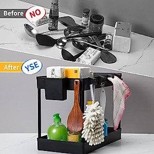 Gaupuncher Under Sink Organizer, 2 Tier Bathroom Organizer, Under Sink Cabinet Organizer with 8 Hooks and 1 Baskets Multipurpose Under Sink Shelf Organizer for Bathroom Kitchen Office (Black)
