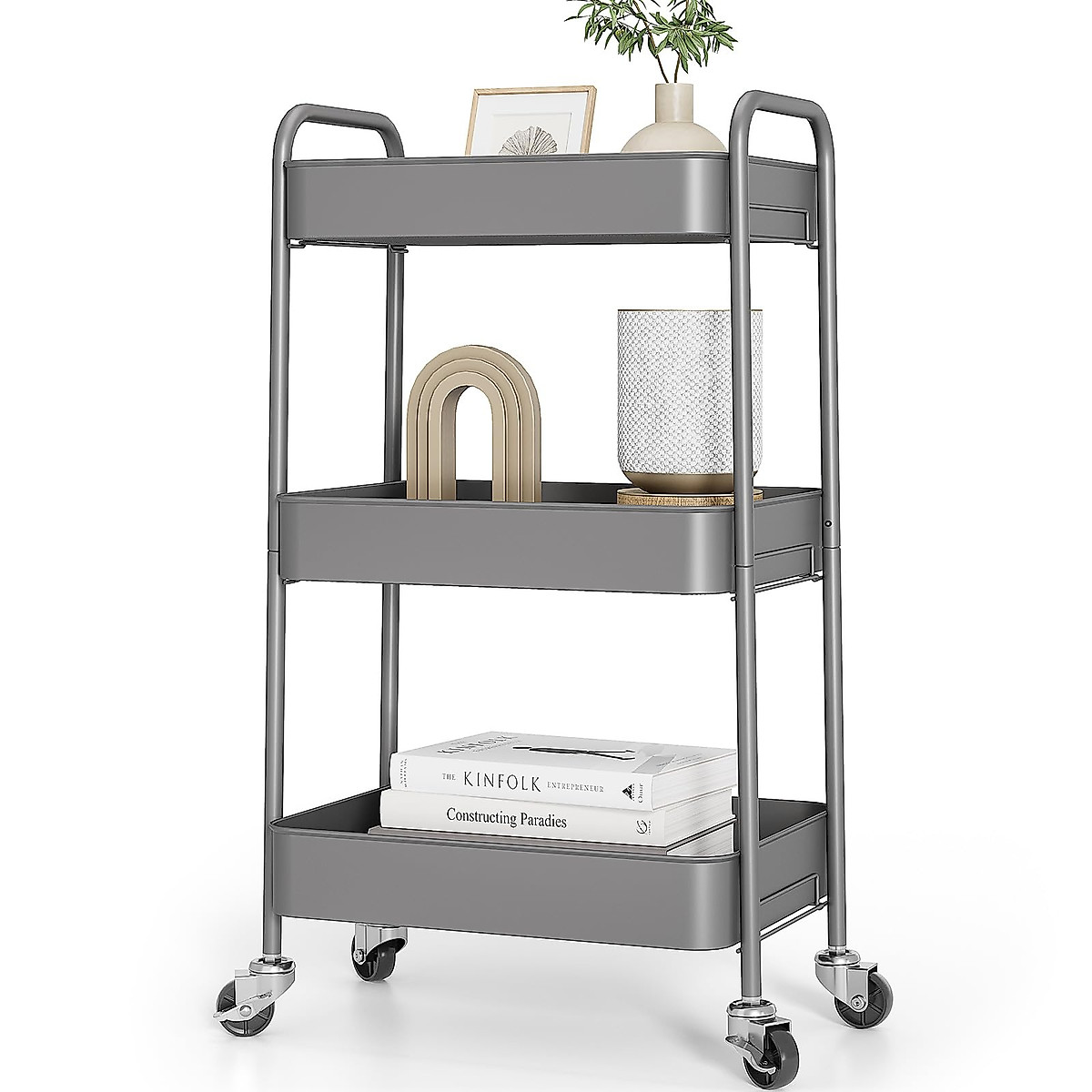 TOOLF 3-Tier Rolling Cart, Metal Utility Cart with Lockable Wheels, Storage Craft Art Cart Trolley Organizer Serving Cart Easy Assembly for Office, Bathroom, Kitchen, Kids' Room, Classroom (Grey)