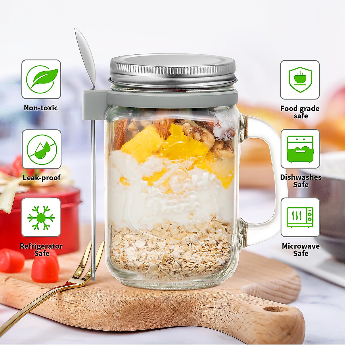 WANJOTEC Mason Jars 16 oz with Lids, 4 Pack Overnight Oats Containers with Lids and Handle, Breakfast On-the-Go Container Airtight Oatmeal Yogurt Container for Cereal,Salad,Milk
