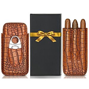 wanbro Cigar Case, 3pcs Holder, Cigars Travel Case, Leather Made Cigar Humidor with Stainless Cutter, Fashion Father's Day gift for men dad