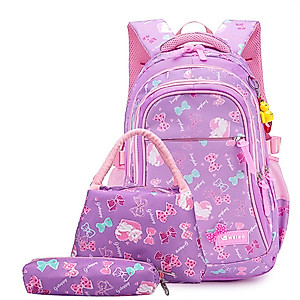 YJMKOI 3PCS Cat print Backpack for Girls 3 in 1 Cute bow print Primary Schoolbag Sets Middle Girl Bookbag with Lunch Box