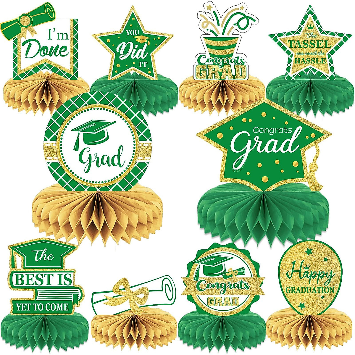 10PCS Class of 2024 Graduation Party Decorations 2024 Congrats Grad Honeycomb Centerpieces Congratulate Graduation Table Toppers for Graduation Party Favor Supplies(Green)