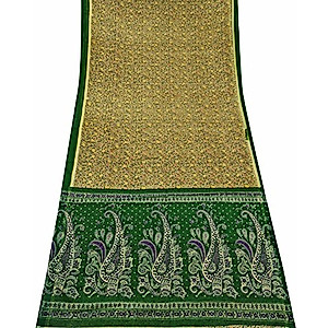 Peegli Vintage Green Textile Fabric Floral Printed DIY Craft Fabric Polyester Recycled Sari