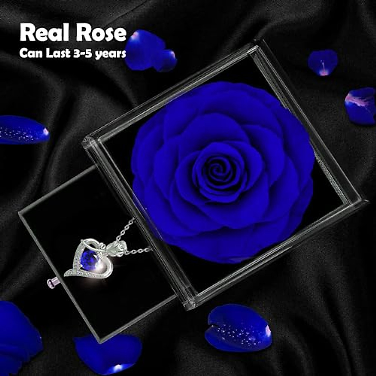 Blue Rose Box with Crystal Necklace - Real Eternal Rose with 925 Sterling Silver Heart Necklace,Enchanted Flower with Blue Birthstone Pendant Gift for women on Valentine's Day Anniversary Wedding.