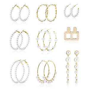 Sanfenly 9 Pairs Pearl Earrings Set for Women Faux Pearl Hoop Earrings Pearl Dangle Gold Plated Lightweight Drop Earrings Open Large Circle Round Pearl Earrings Jewelry Birthday Gift