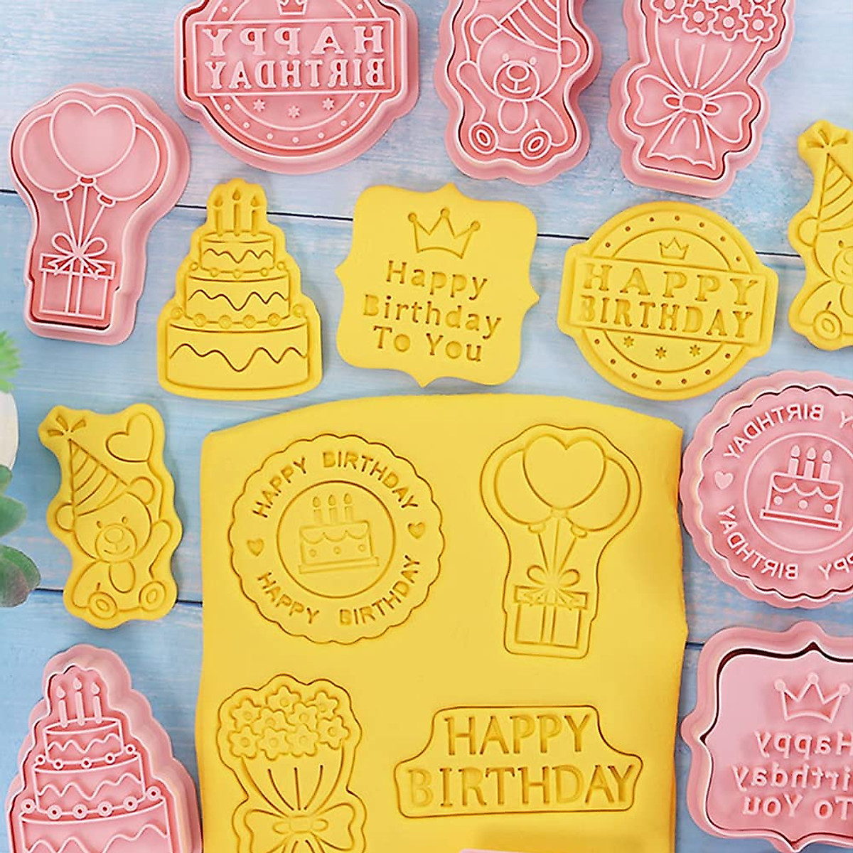 16 Pcs Dog Cookie Cutters 3D Cat Puppy Biscuit Cutter Funny Cartoon Dinosaur Cookie Stamps Embossed Fondant Baking Tool Sugar Craft Cute Cookie Baking Supplies (Happy Birthday)