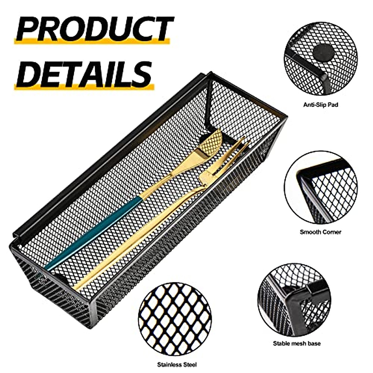 9 x 3 x 2 Inch Silverware Drawer Organizer, 6 Pcs Metal Mesh Drawer Organizer for Kitchen, Black Utensil Organizer, Silverware Tray with Interlocking Arm for Flatware Knives Forks and Spoons