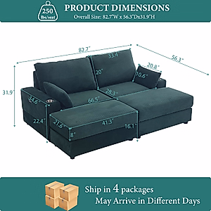 Tmsan 82.7" Oversized Deep Seat Loveseat with Ottomans, Corduroy Double Chaise Sleeper Sofa, Modular Sectional Cloud Couch with Cup Holders & USB Ports for Living Room Apartment Office (Green)