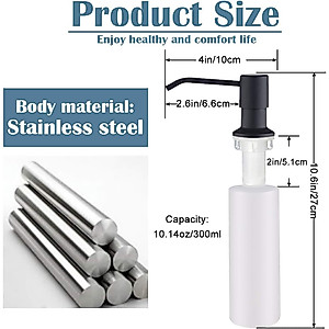 Soap Dispenser for Kitchen Sink (Matte Black), Built in Design Sink Soap Dispenser, Refill from The Top,Stainless Steel Kitchen Soap Pump with 10 fl.oz Bottle (300ml)