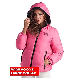 Reebok Women's Winter Jacket - Reversible Quilted Puffer Coat with Sherpa Fleece Lining - Reversible Jacket for Women (S-XL), Size Medium, Laser PinkBlack