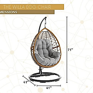 MOD Steel Furniture Willa Hanging Egg Chair with Stylish Rattan Wicker and Boho Plush Cushion-WILLAEGG-Gry, Grey/Tan