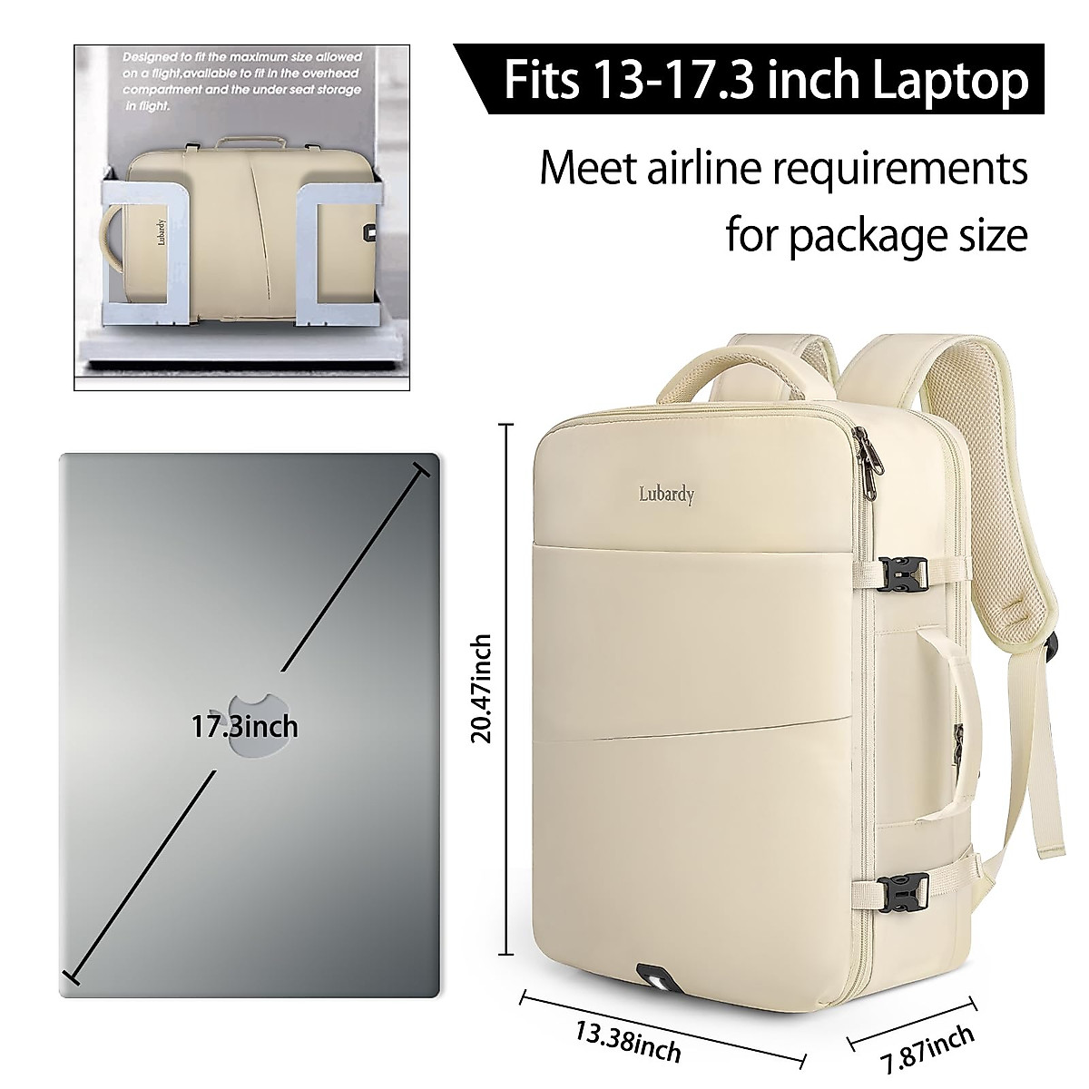 Travel Backpack for Men Women 17 Inch Flight Approved Carry on Backpack Waterproof Large 40L Luggage Daypack Business College Weekender Overnight Laptop Backpack with 3 Packing Cubes, Beige